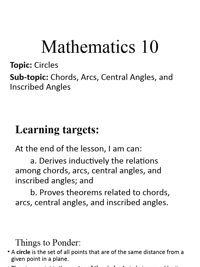 Mathematics 10 Circles Central Angle and Inscribed Angle | PDF | Circle ...
