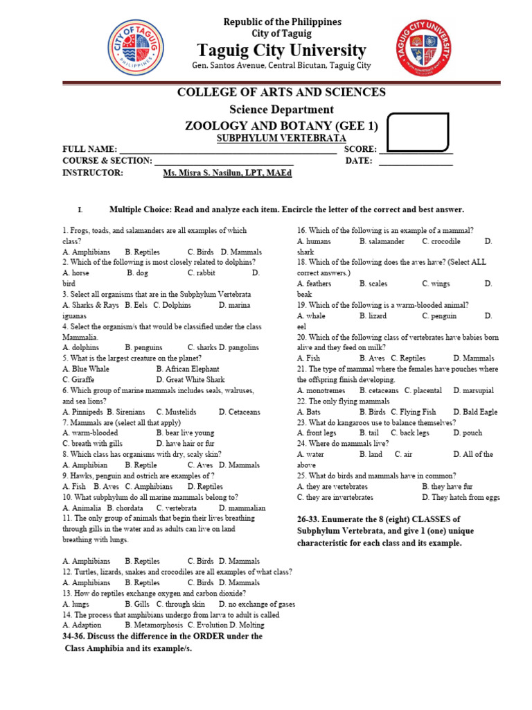 Vertebrate Zoology Quiz Guide | PDF | Mammals | Vertebrates