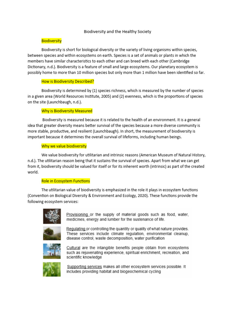 Biodiversity and the Healthy Society LESSON 2 | PDF | Biodiversity ...
