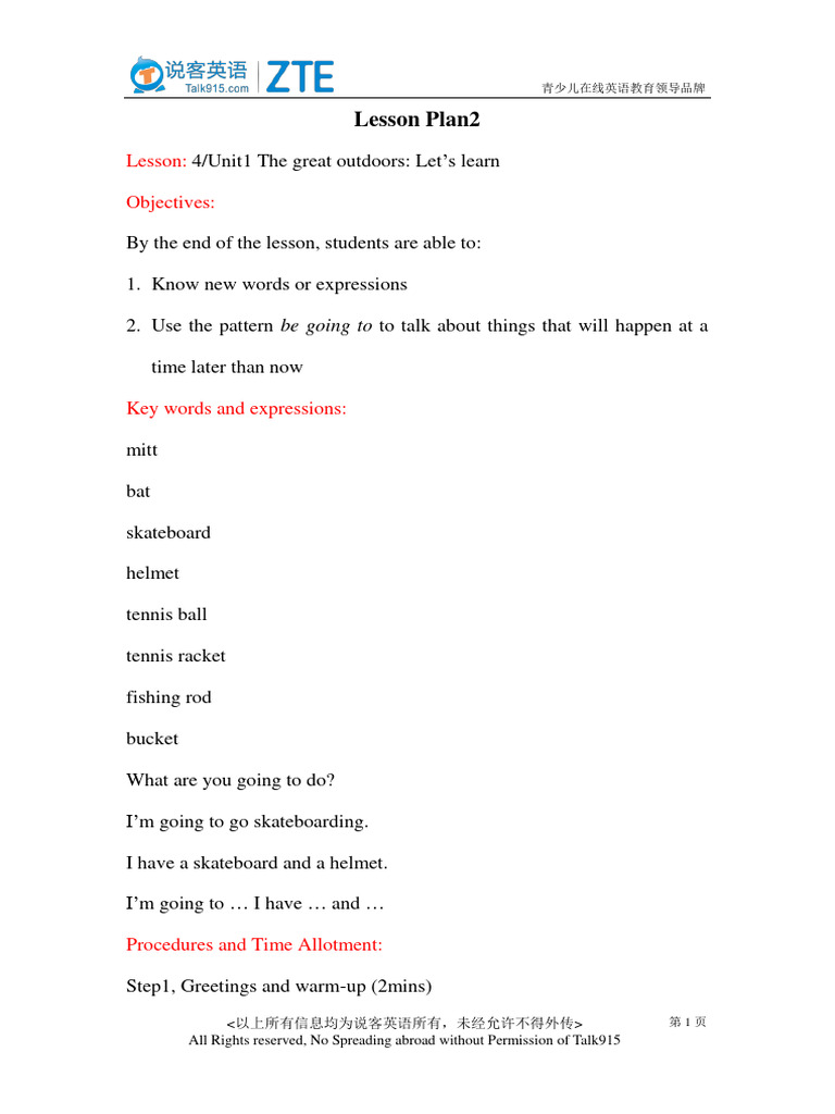 Lesson 2 Unit1 The Great Outdoors Lets Learn | PDF