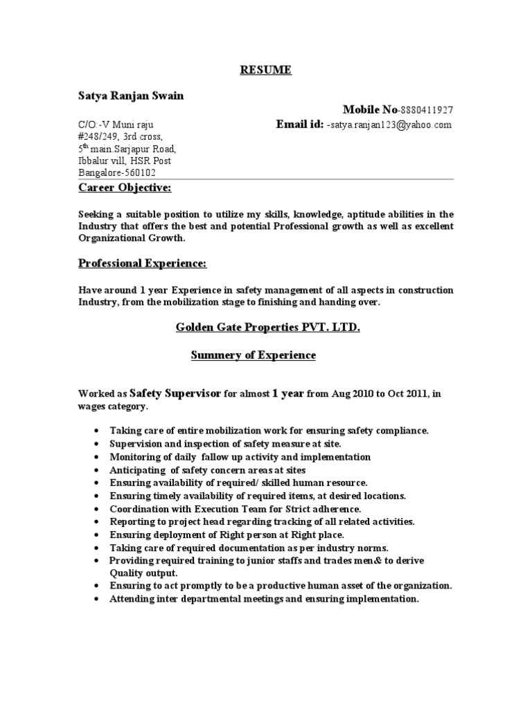 Safety Supervisor Resume - Satya Swain | PDF