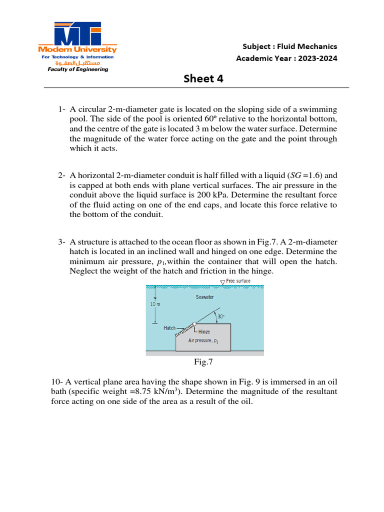 Sheet 4 Fluid Mechanics | PDF | Pressure | Force