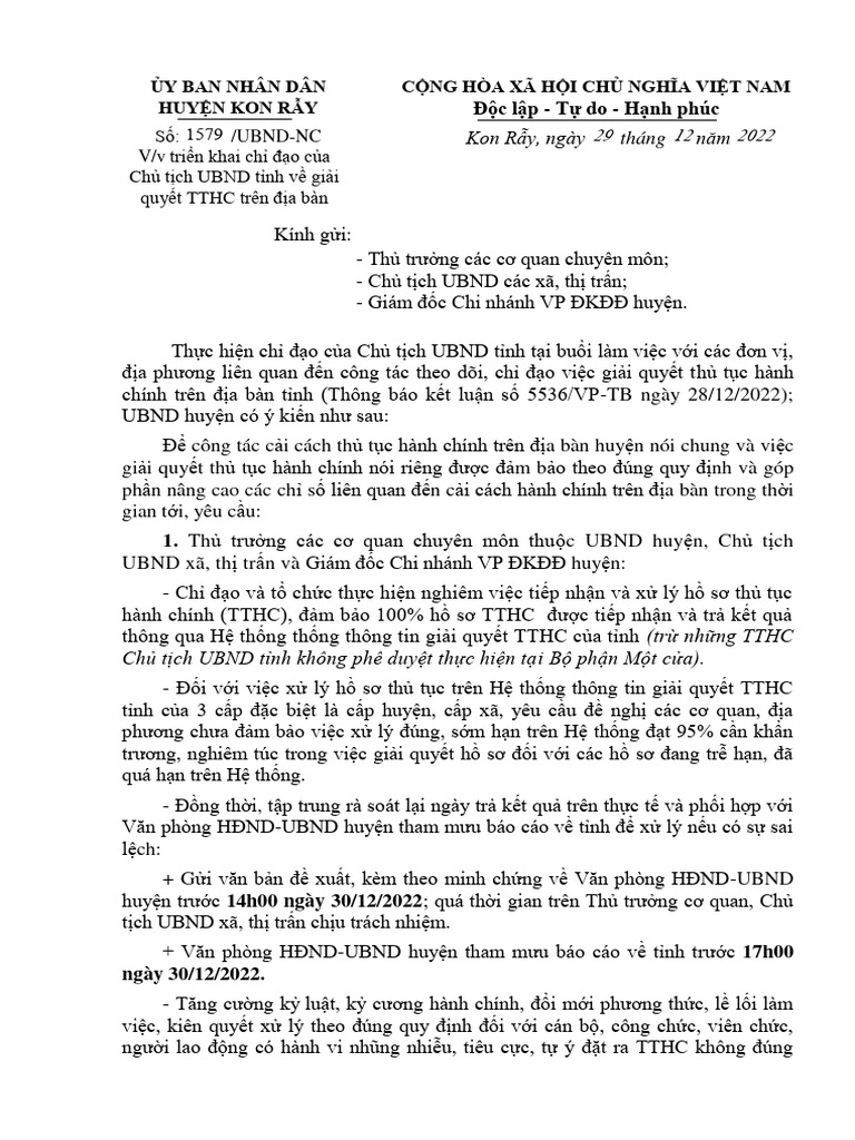 Công văn v - v triển khai chỉ đạo của Chủ tịch UBND tỉnh về giải quyết TTHC trên địa bàn | PDF