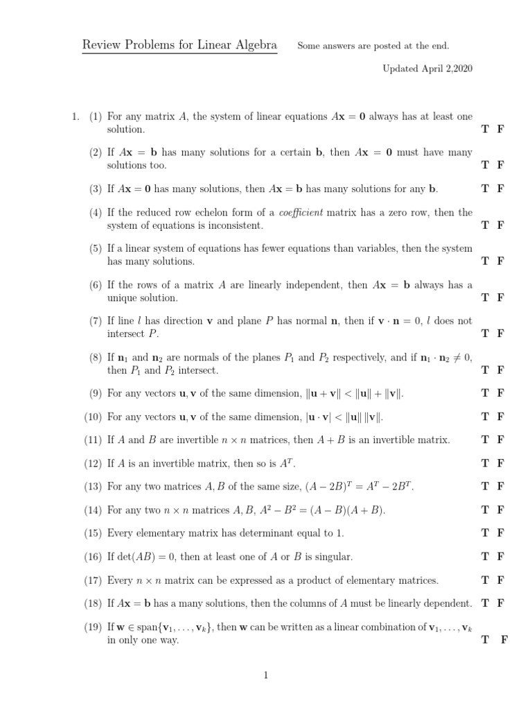 Linear Algebra Practice Problems | PDF | System Of Linear Equations ... Linear Algebra Practice Problems | PDF | System Of Linear Equations ...