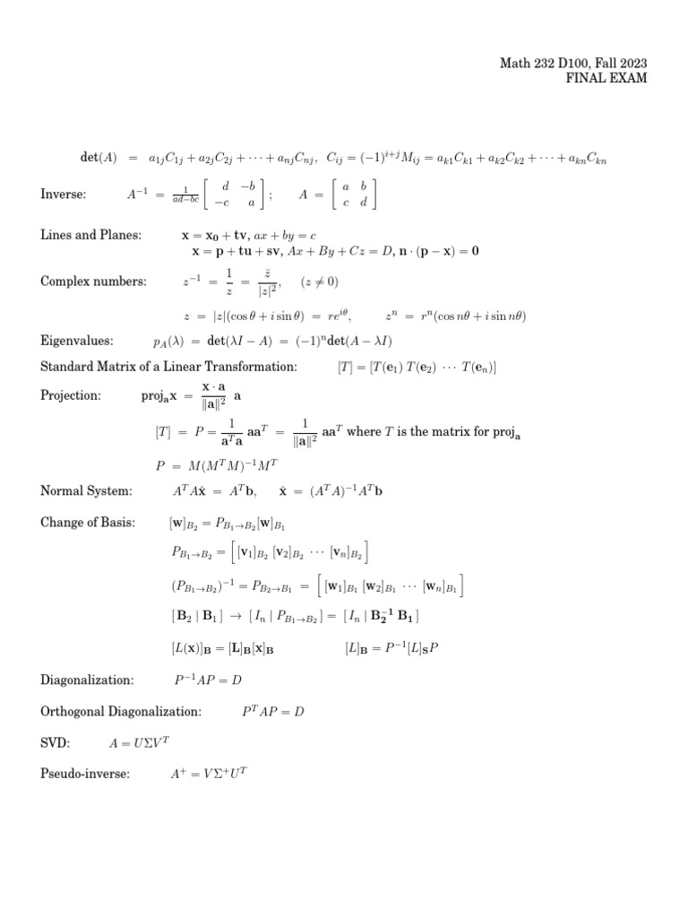 Linear Algebra Formula Sheets | PDF | Algebra | Factorization