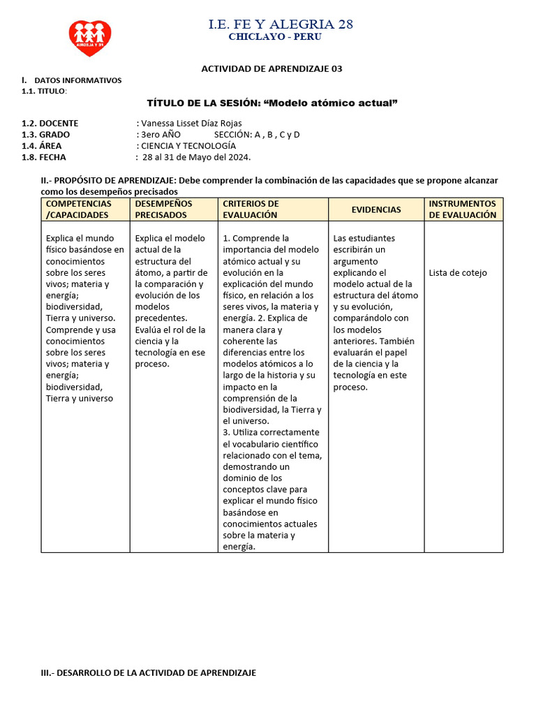 Sesión de Aprendizaje Modelo Atómico Actual | PDF | Átomos | Núcleo atómico