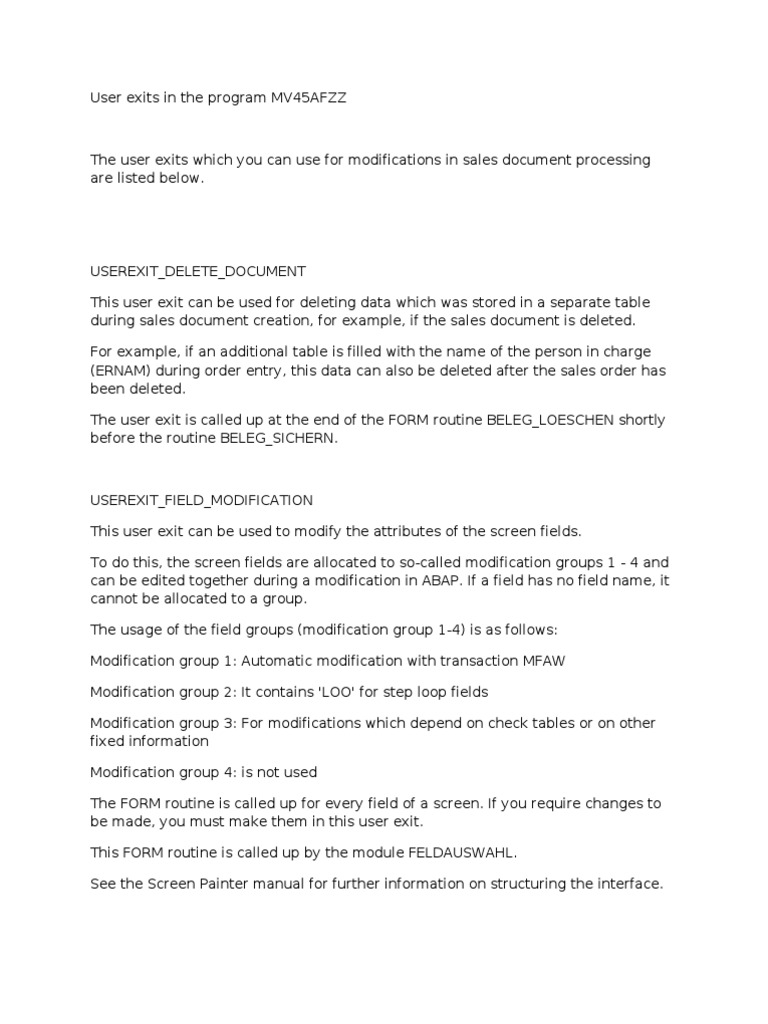 User Exits in The Program MV45AFZZ | PDF | Sales | Computer Programming
