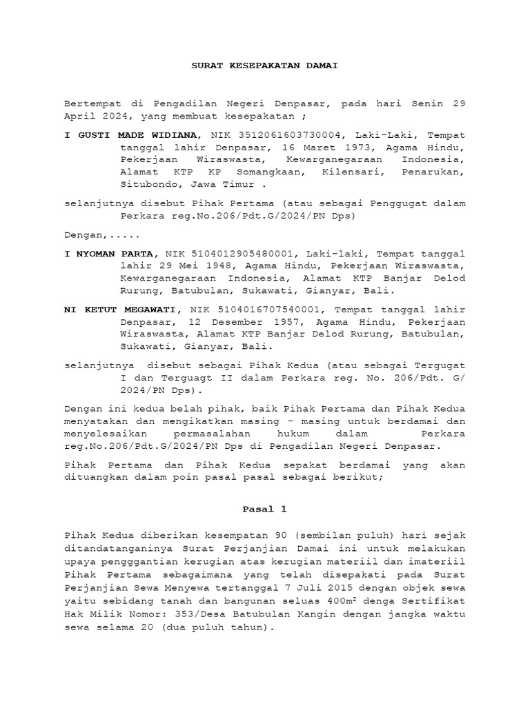 Surat Kesepakatan Damai | PDF