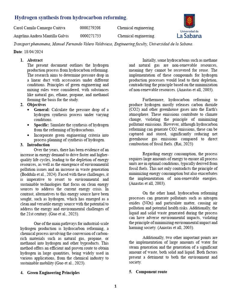 Hydrogen Synthesis From Hydrocarbon Reforming | PDF | Natural Gas ...