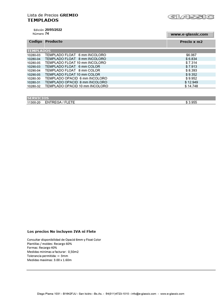 GLASSIC Templados Precios Gremio L74 | PDF