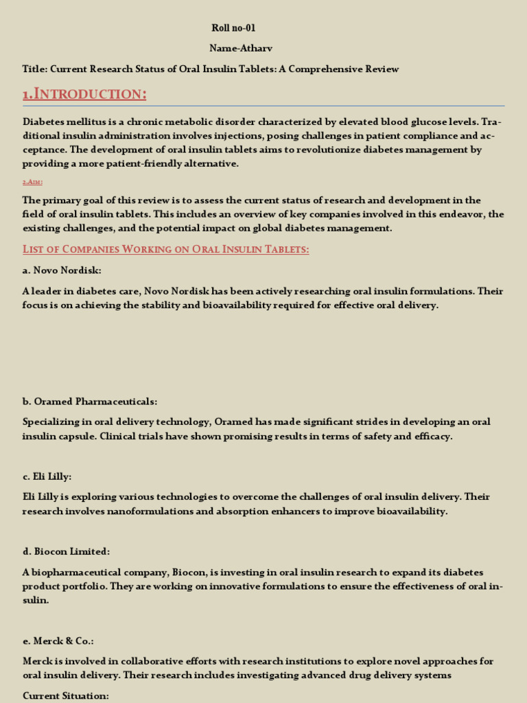 Insulin Tablet Roll No 01 Atharv | PDF | Diabetes Management | Insulin