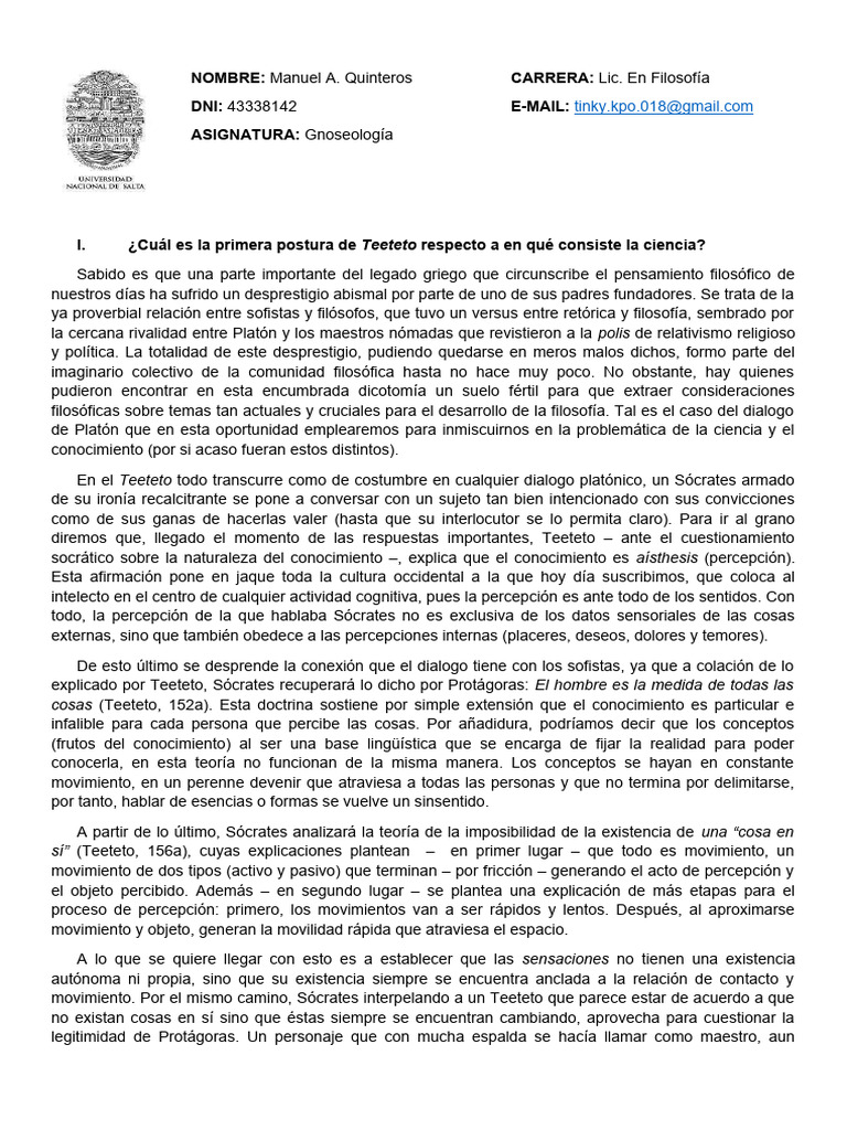 Gnoseología - TP1 - M | PDF | Conocimiento | Platón