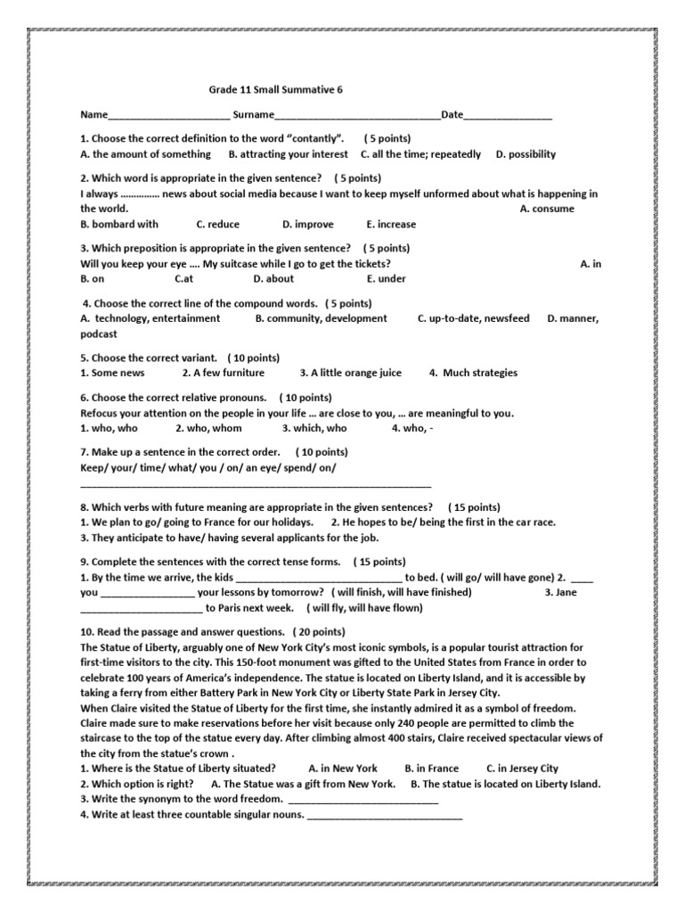 Grade 11 Small Summative 6 (Gulshan Anar) | PDF | Syntax | Grammar