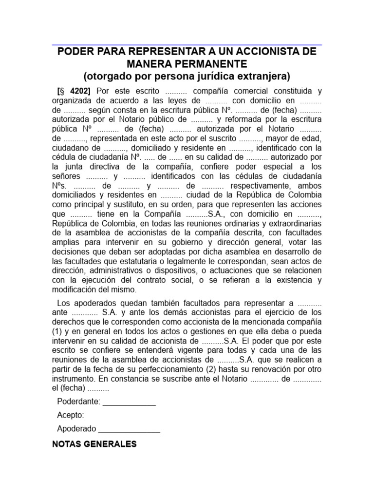 Poder para Representar A Un Accionista de Manera Permanente (Otorgado Por Persona Juridica ...