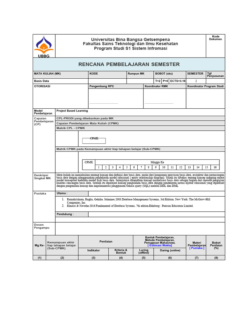 RPS Basis Data S1 Sistem Informasi | PDF