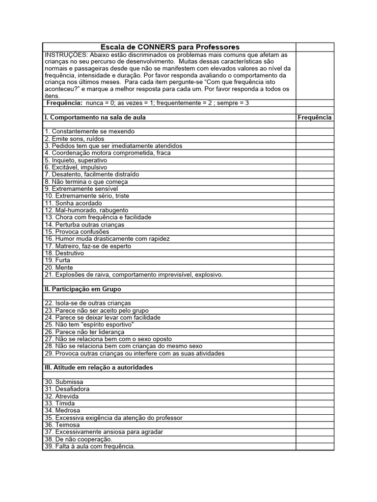 Escala de CONNERS para Professores Imp | PDF