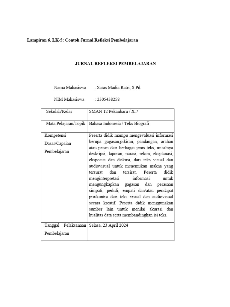 Lampiran 6. LK-5 Contoh Jurnal Refleksi Pembelajaran (2) - 3 | PDF | Karier & Perkembangan