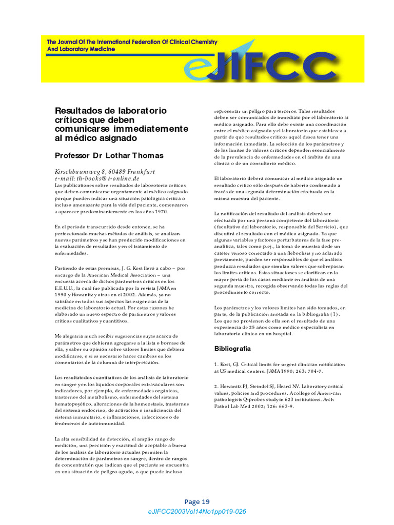 Valores Lab Criticos | PDF | Orina | Medicina CLINICA