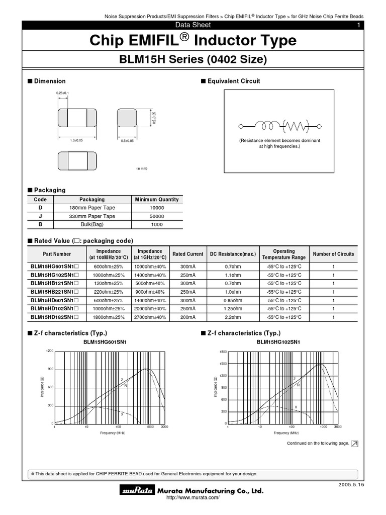 Chip Emifil Inductor Type: BLM15H Series (0402 Size) | PDF | Inductor ...