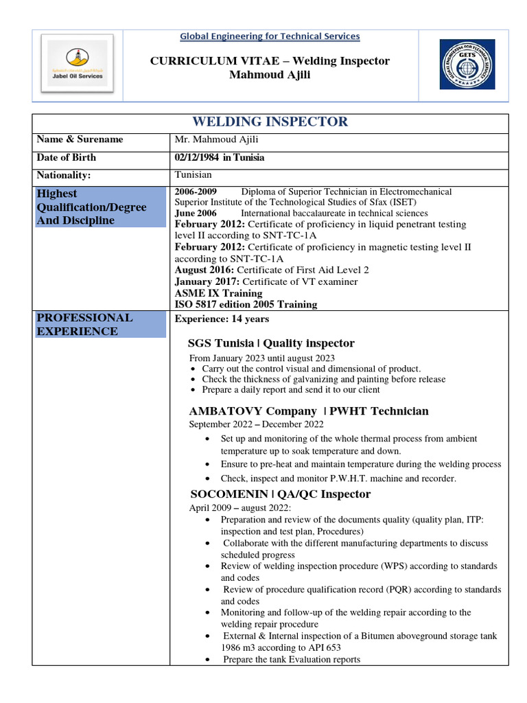 Welding Inspector CV Analysis | PDF | Welding | Construction