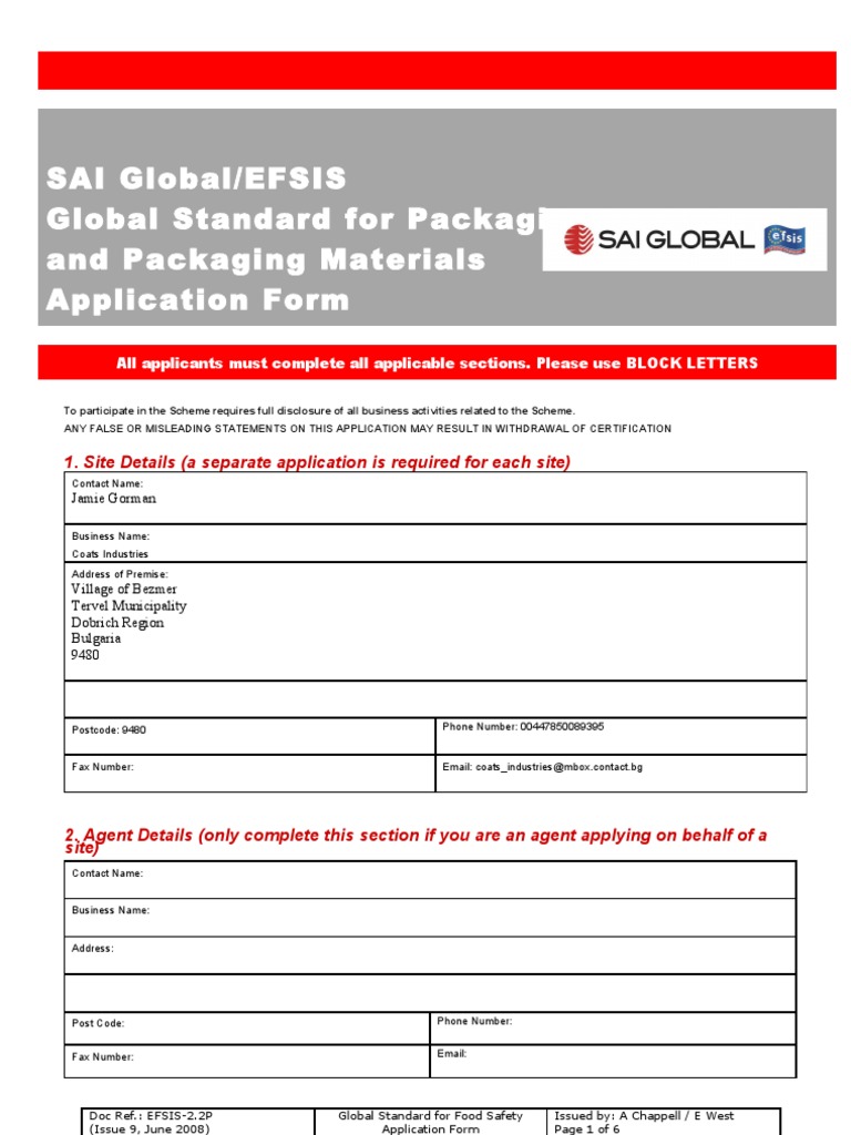 EFSIS-2 2P Packaging Application Form | PDF | Packaging And Labeling | Risk