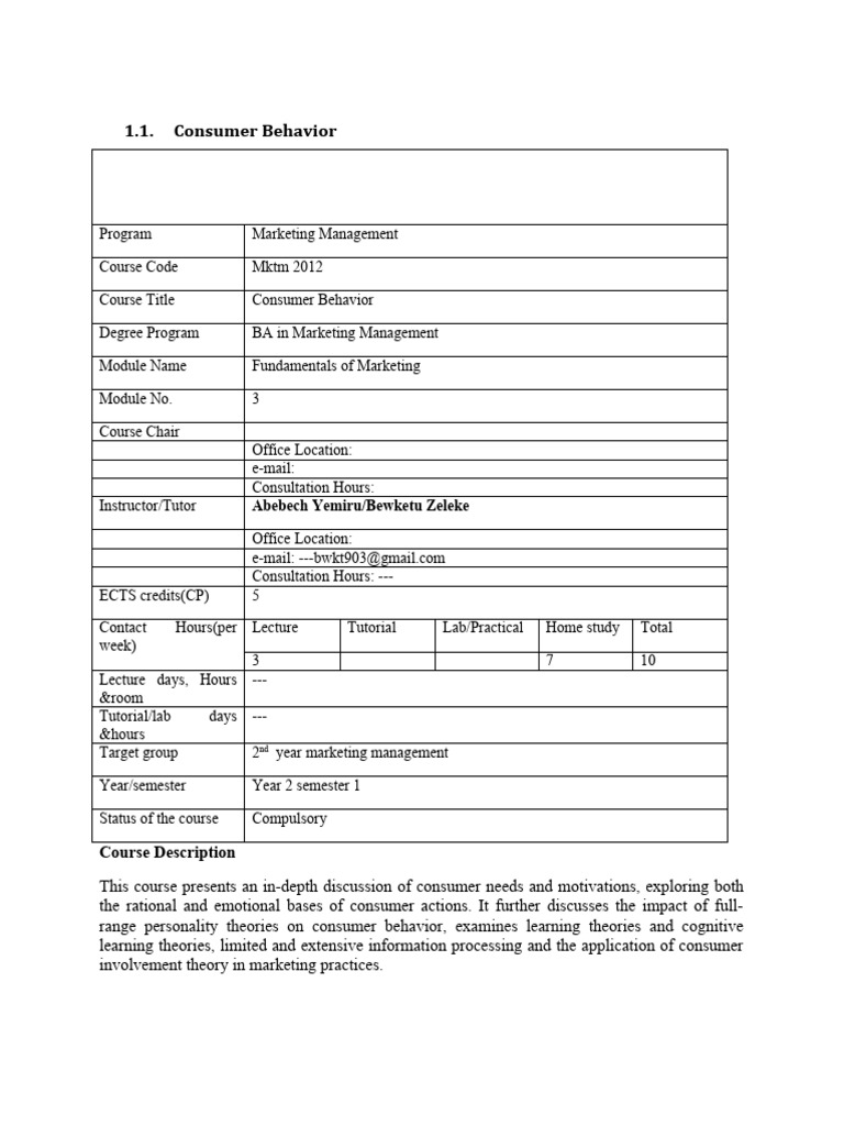 Consumer Behavior Course Outline | PDF | Learning Theory (Education) | Behavior
