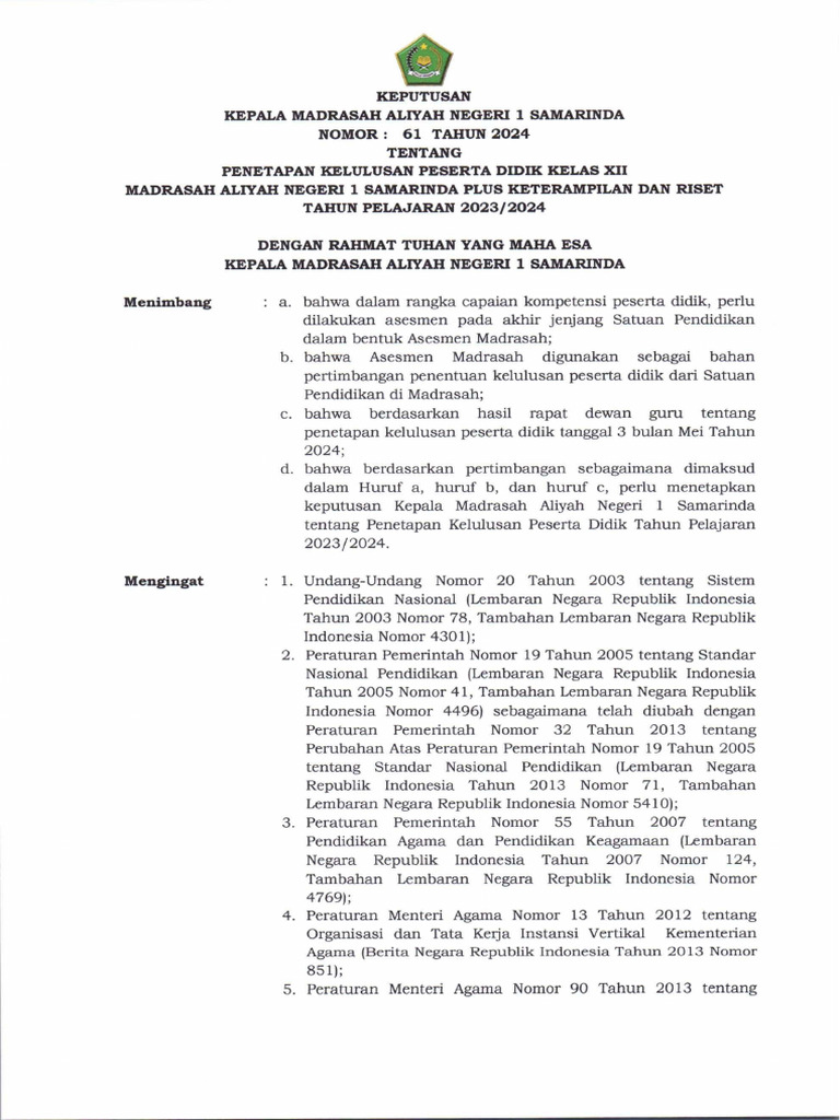 SK PENETAPAN KELULUSAN PESERTA DIDIK KELAS XII 2023-2024 | PDF SK PENETAPAN KELULUSAN PESERTA DIDIK KELAS XII 2023-2024 | PDF