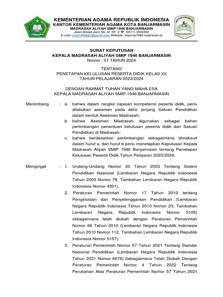 Penetapan Kelulusan MA SMIP 2024 | PDF