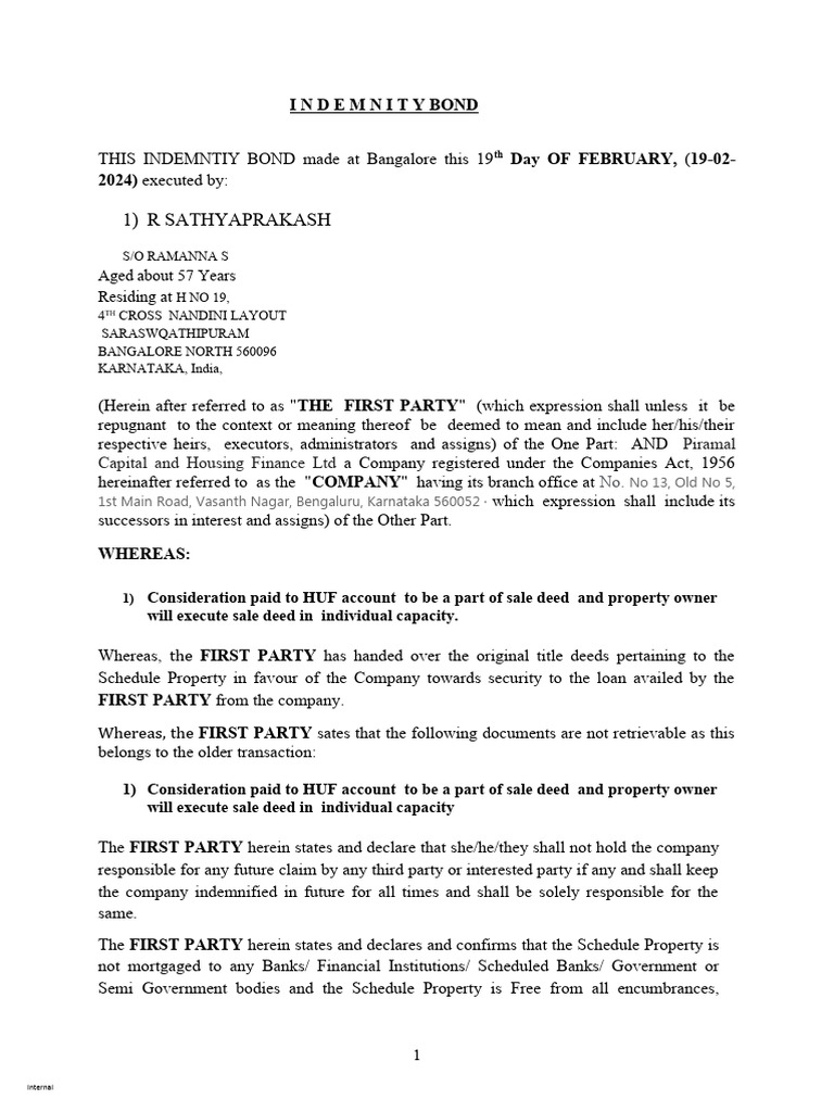 Indemnity Bond for Property Loan | PDF | Indemnity | Deed