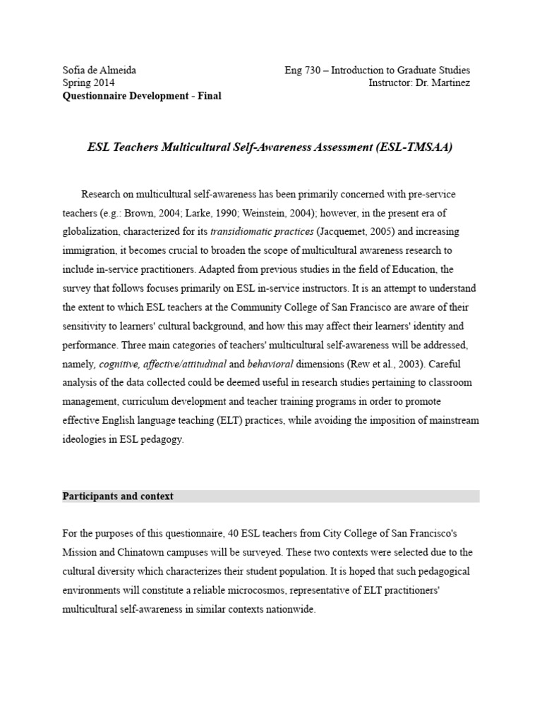 ESL Teachers' Multicultural Awareness Survey | PDF | English As A ...
