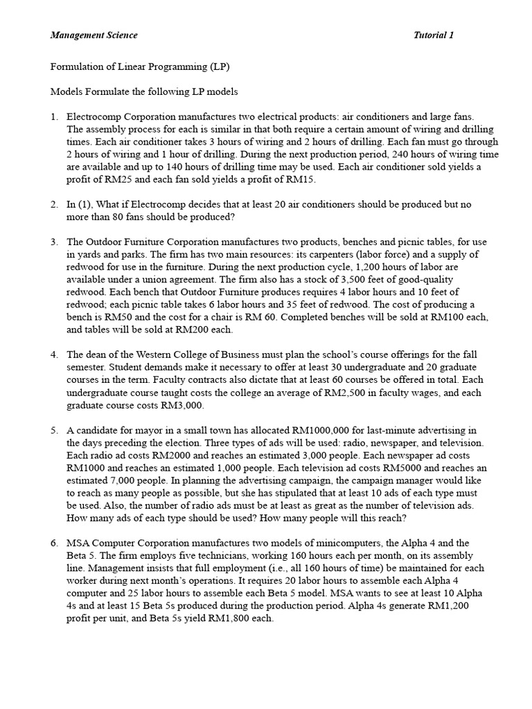 Tutorial 1 LP Formulation | PDF | Gasoline | Risk Premium