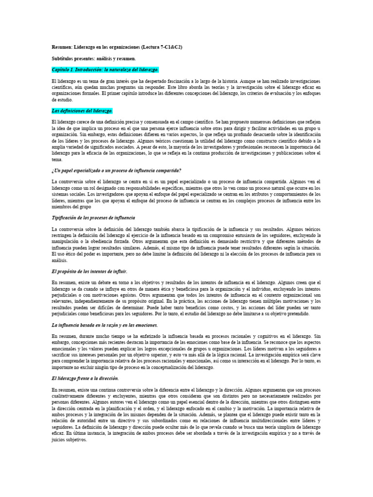 Resumen 7 (C1&C2) | PDF | Liderazgo | Planificación