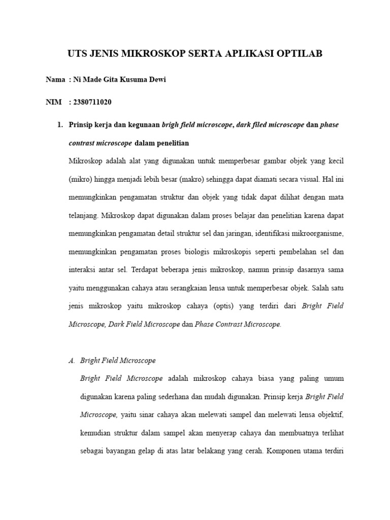Uts Jenis Mikroskop Serta Aplikasi Optilab | PDF
