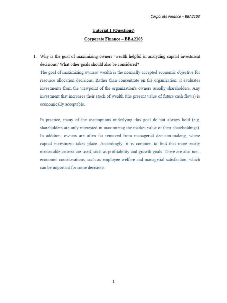 Tutorial 1 | PDF | Corporate Governance | Investing