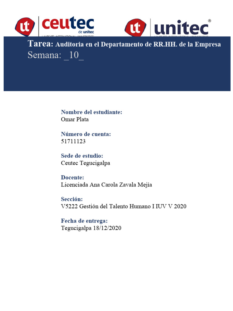 Plata Tarea S.10.1 | PDF | Gestión de recursos humanos | Auditoría
