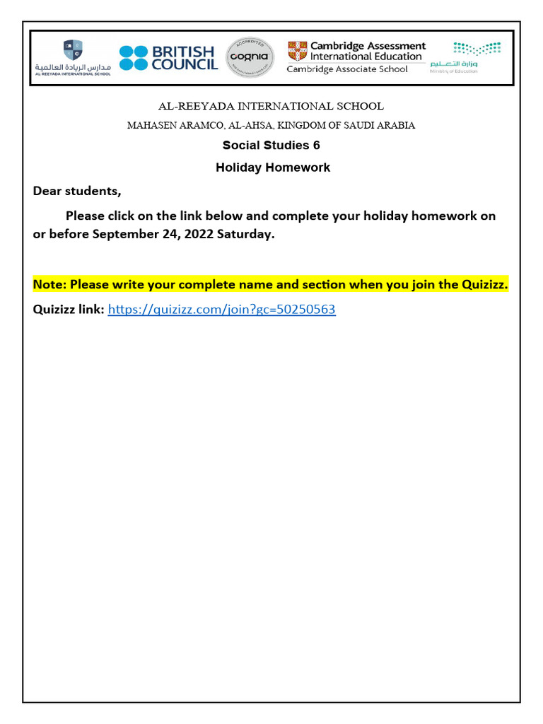 Holiday Homework for Social Studies 6 | PDF | Career & Growth