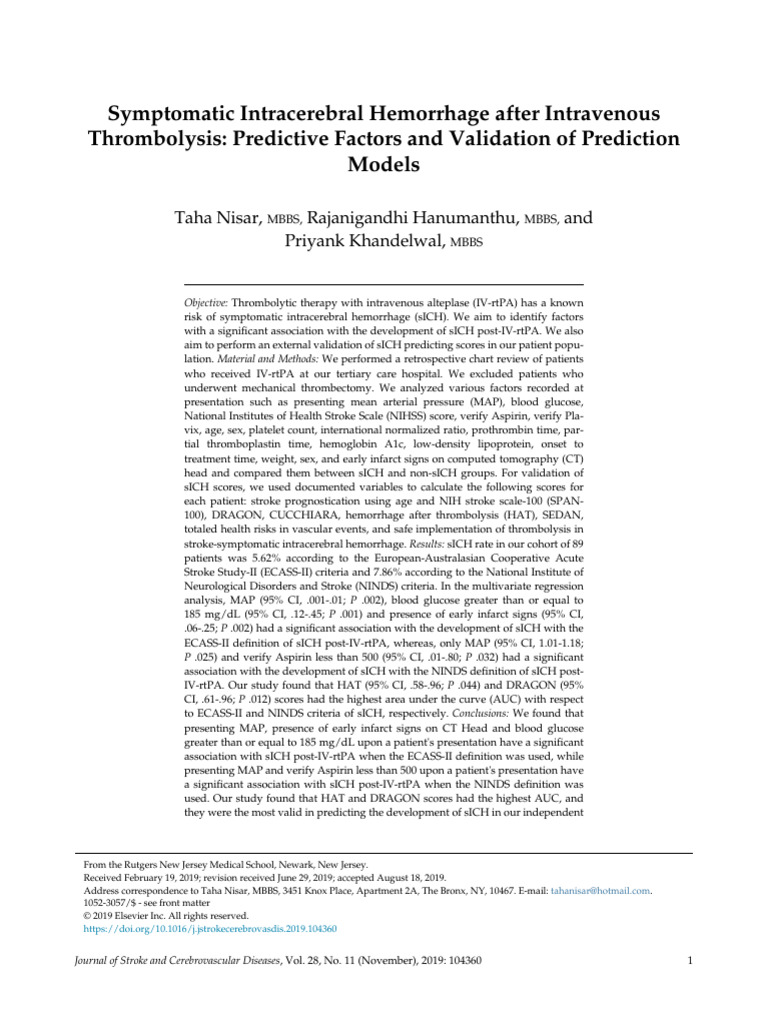 Symptomatic Intracerebral Hemorrhage After Intravenous Thrombolysis: Predictive Factors and ...