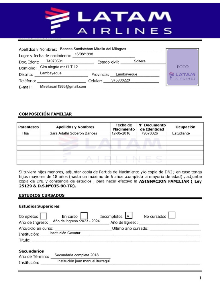 Ficha de Ingreso LATAM Airlines Per | PDF