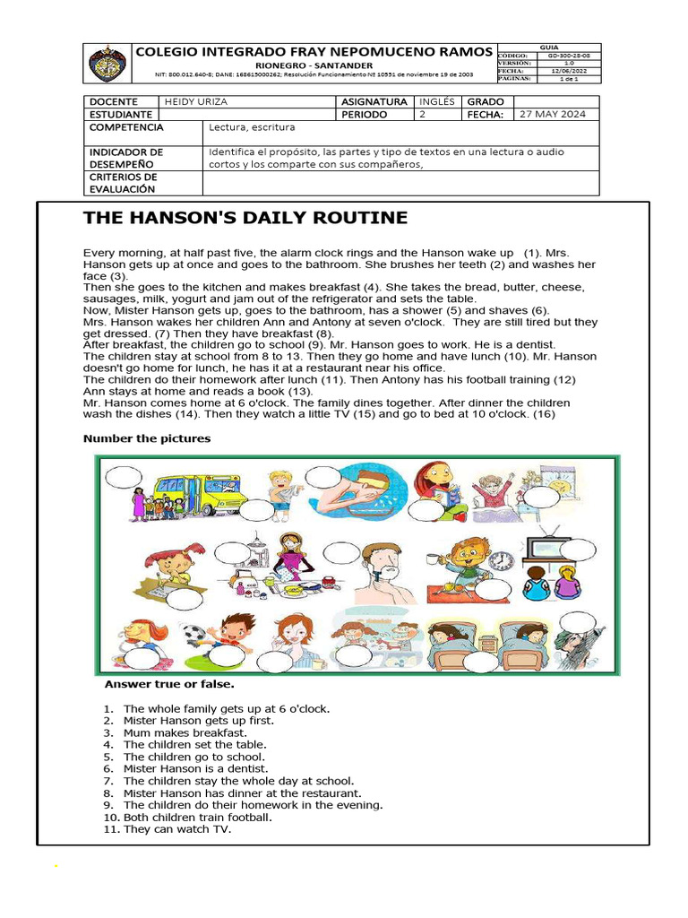 Reading Comprehension Daily Routines | PDF | Foods | Cooking