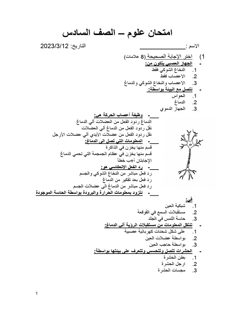 امتحان الصف السادس جهاز الاعصاب وجهاز النقل 2023 - Alaa Hussien | PDF