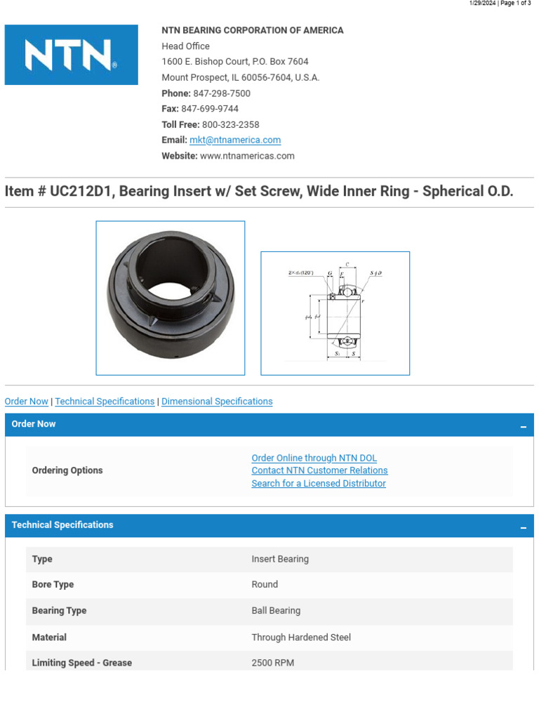 UC212D1 BearingInsertwSetScrew WideInnerRing SphericalO.D. | PDF ...