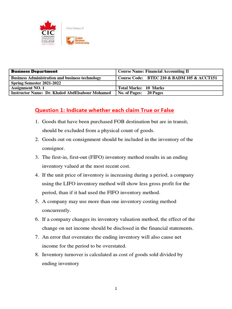 Assignment NO.1 | PDF | Cost Of Goods Sold | Inventory