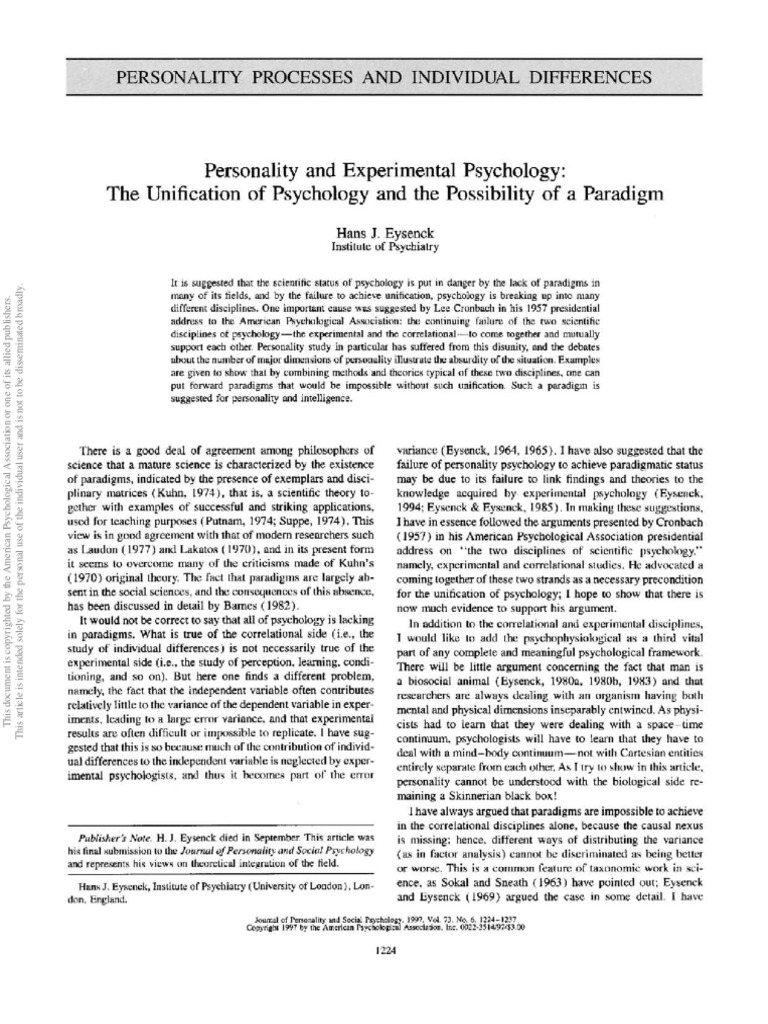 Personality and Experimental Psychology | PDF | Extraversion And ...