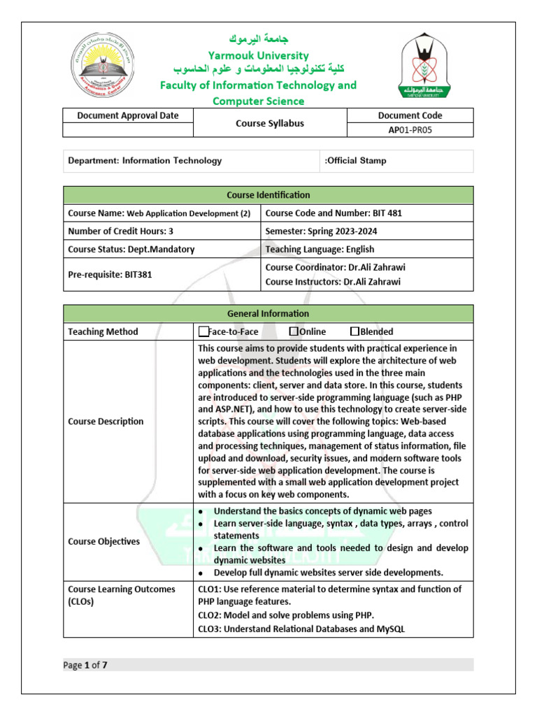 BIT481 CourseSyllabus Spring 2023 2024 | PDF | World Wide Web ...