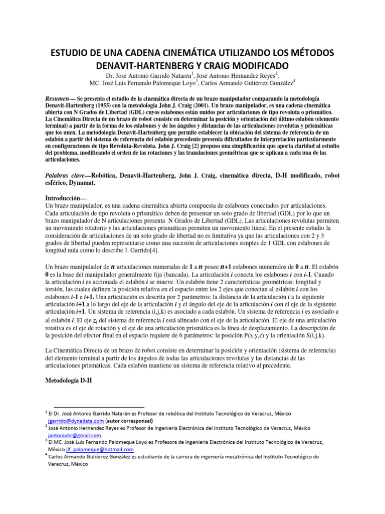 ESTUDIO DE UNA CADENA CINEMÁTICA UTILIZANDO LOS MÉTODOS DENAVIT-HARTENBERG Y CRAIG MODIFICADO ...