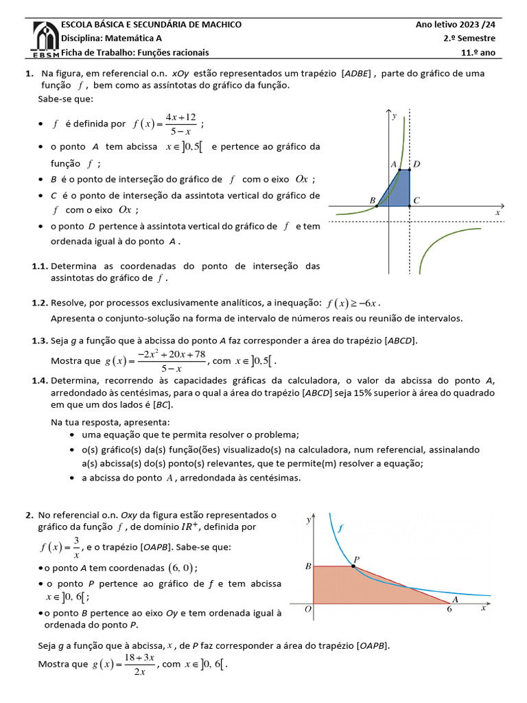 1 3 Ficha De Trabalho Funções Racionais 1 Pdf Sistema De