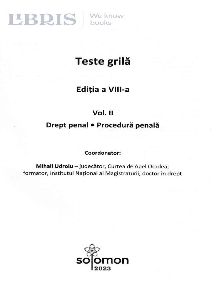 Teste Grila Vol.2 Drept Penal. Procedura Penala Ed.8 - Mihail Udroiu | PDF