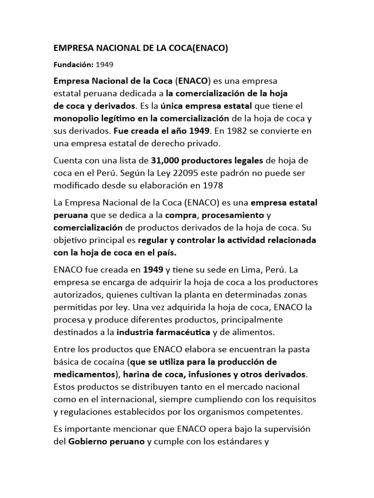 ENACO: Monopolio Estatal de Coca | PDF | Empresa de propiedad estatal ...