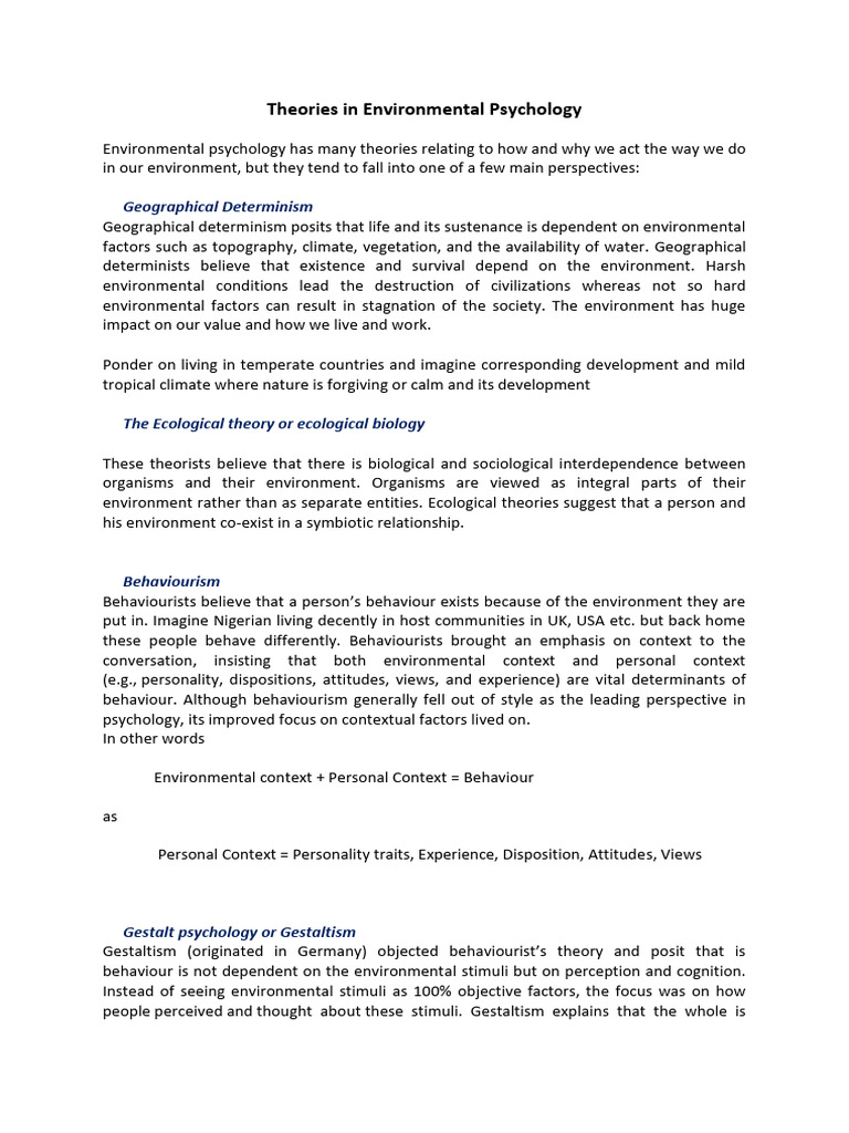 C. Theories in Environmental Psychology | PDF | Behavior | Stress (Biology)