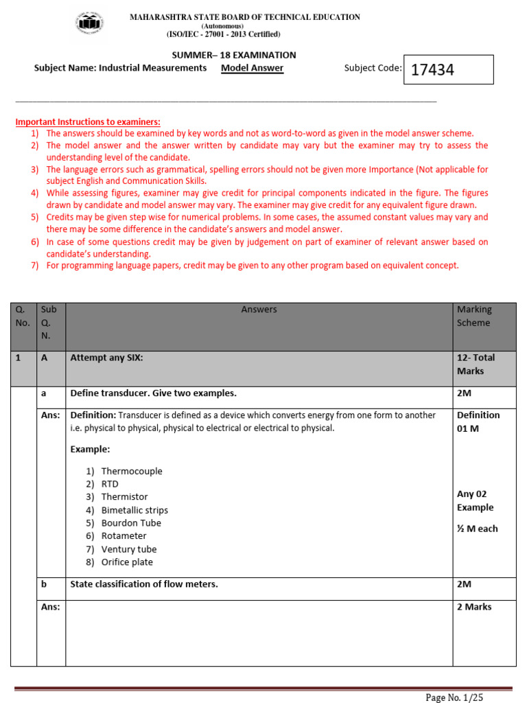 2018 Summer Model Answer Paper | PDF | Pressure Measurement | Thermometer